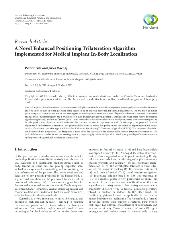 Pdf A Novel Enhanced Positioning Trilateration Algorithm Implemented For Medical Implant In