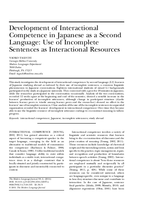 (PDF) Development of Interactional Competence in Japanese as a Second Language: Use of ...