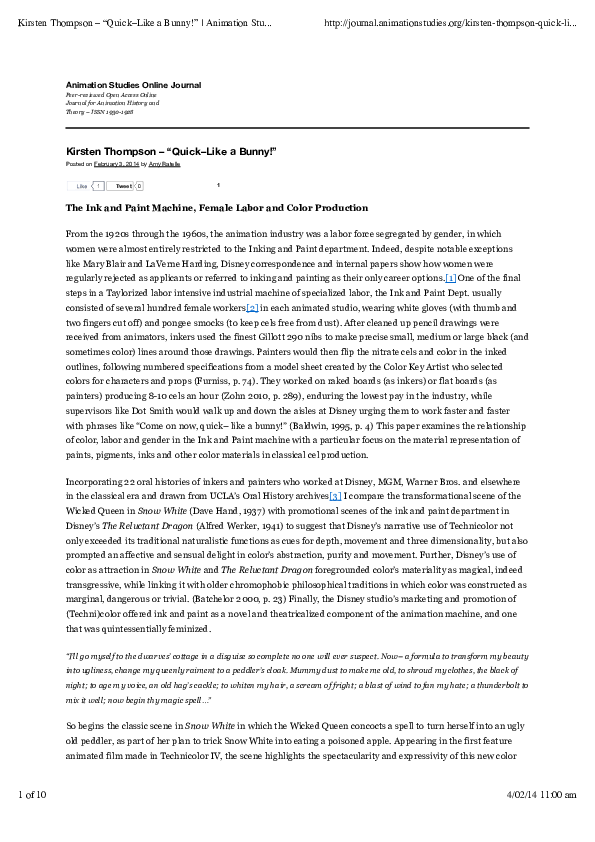 (PDF) “’Quick, Quick, Like a Bunny’: The Ink and Paint Machine, Female ...