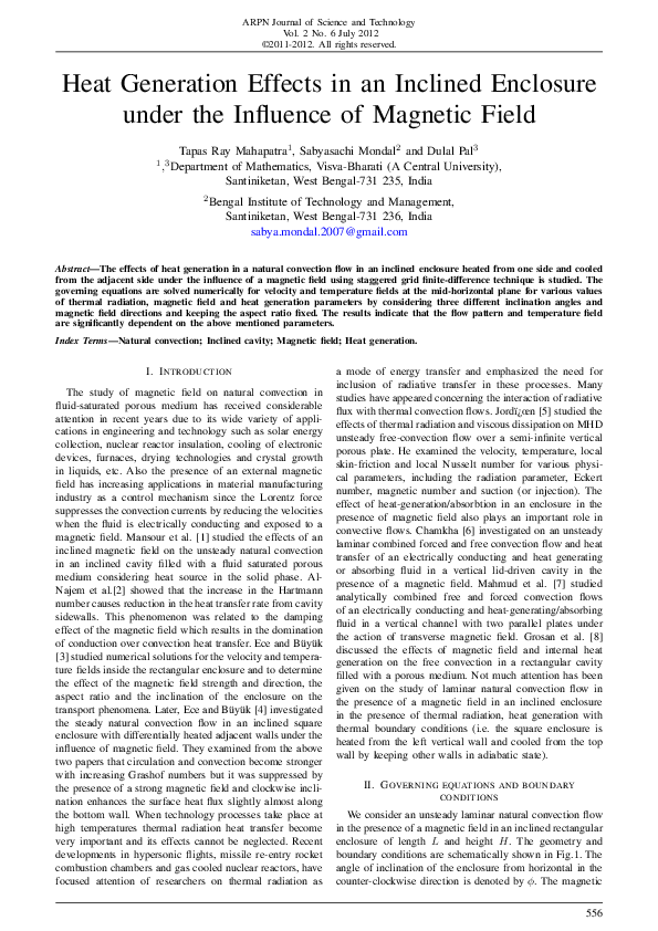 (PDF) Heat Generation Effects in an Inclined Enclosure under the Influence of Magnetic Field