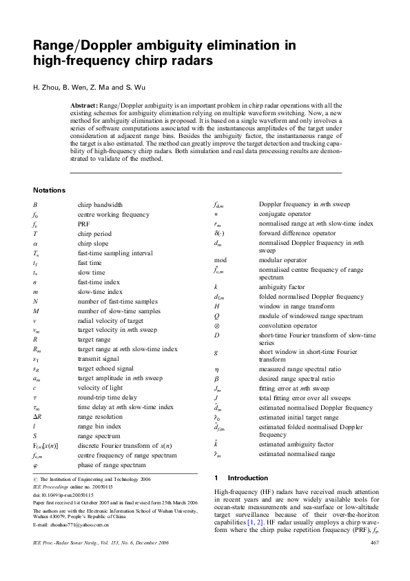 Pdf Range Doppler Ambiguity Elimination In High Frequency Chirp Radars