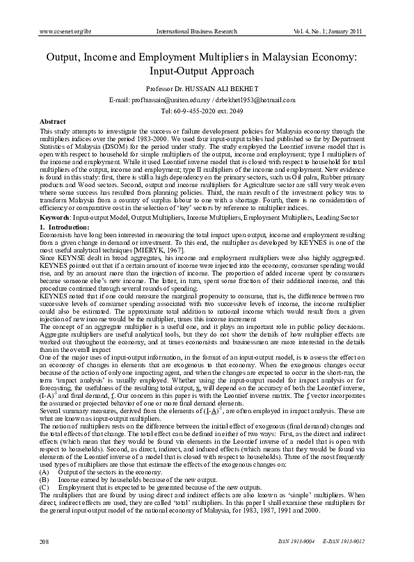 (PDF) Output, Income and Employment Multipliers in Malaysian Economy: Input-Output Approach