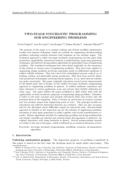 (PDF) Two-stage Stochastic Programming for Engineering Problems