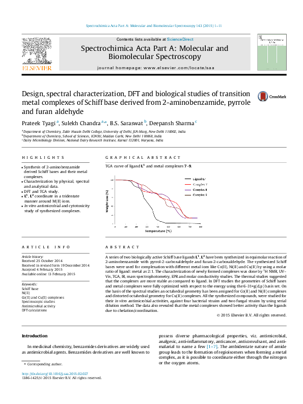 (PDF) Design, spectral characterization, DFT and biological studies of transition metal ...