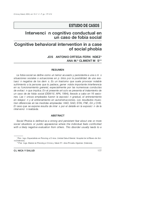 (PDF) ESTUDIO DE CASOS Intervención cognitivo conductual en un caso de fobia social Cognitive ...