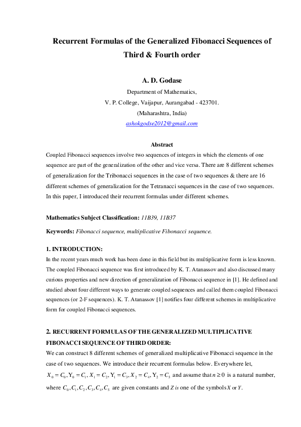 (PDF) Recurrent Formulas of the Generalized Fibonacci Sequences of ...