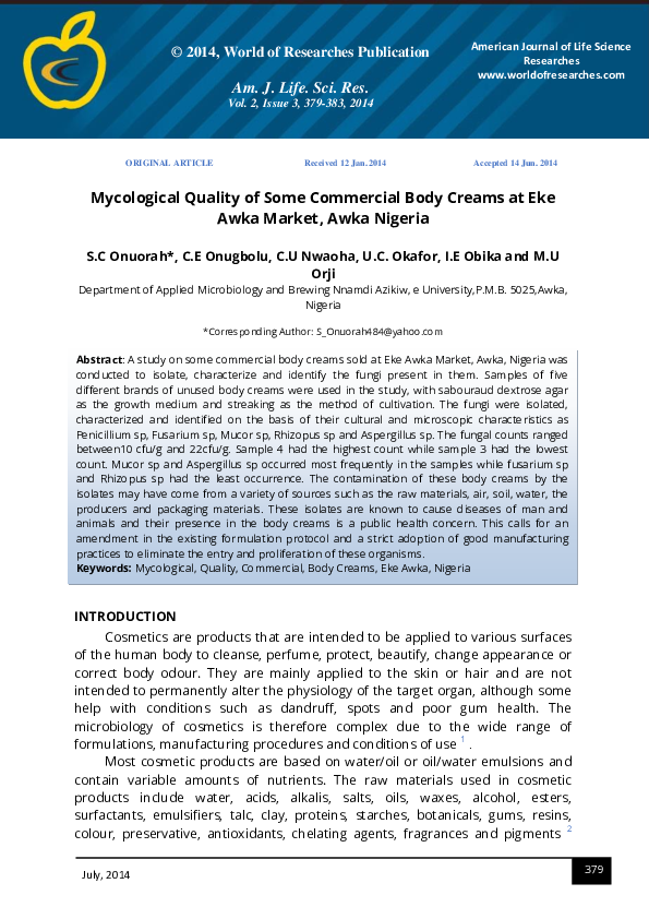 (PDF) Mycological Quality of Some Commercial Body Creams at Eke Awka ...
