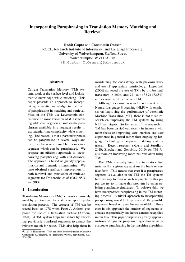 Pdf Incorporating Paraphrasing In Translation Memory Matching And Retrieval