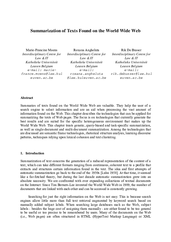 Summarization of Texts Found on the World Wide Web