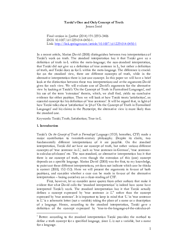(PDF) Tarski's One and Only Concept of Truth