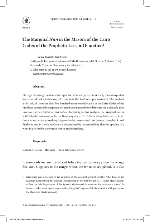 The Marginal Nun in the Masora of the Cairo Codex of the Prophets: Use ...