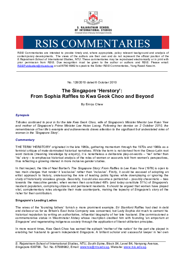 (PDF) The Singapore ‘Herstory’: From Sophia Raffles to Kwa Geok Choo ...