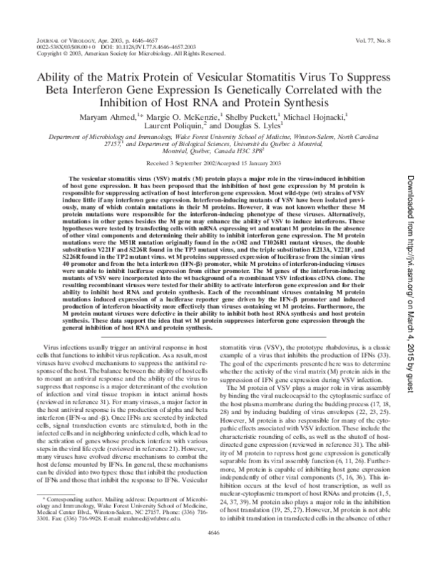 (PDF) Ability of the Matrix Protein of Vesicular Stomatitis Virus To ...