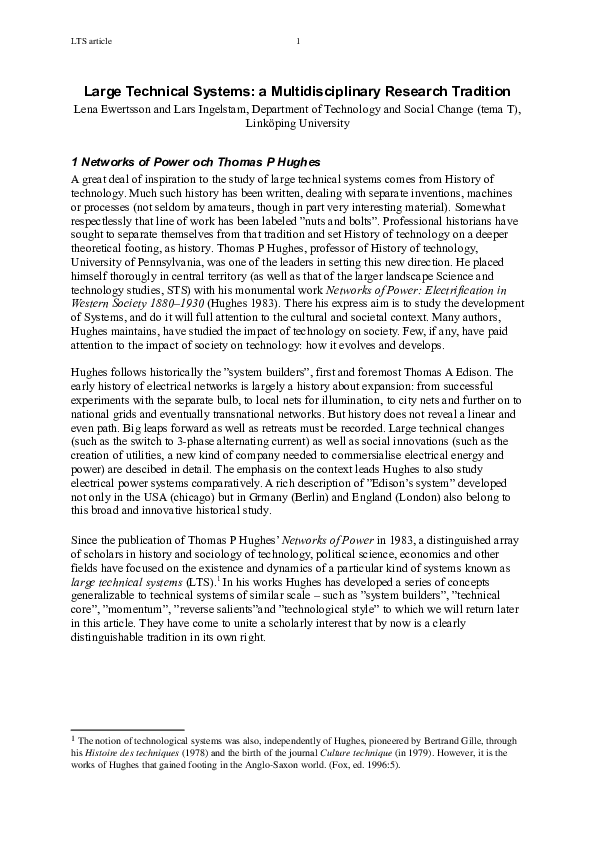 (DOC) Large Technical Systems: a Multidisciplinary Research Tradition