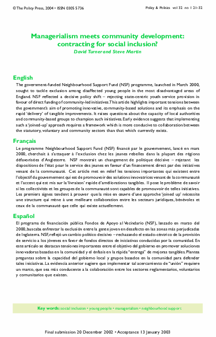 (PDF) Managerialism meets community development: contracting for social inclusion?