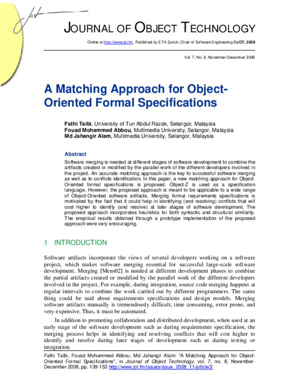 Pdf A Matching Approach For Object Oriented Formal Specifications