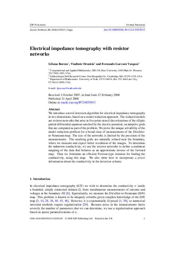 (PDF) Electrical impedance tomography with resistor networks