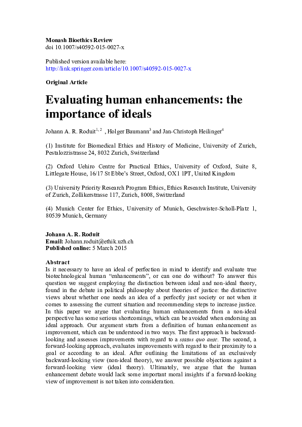 (PDF) Evaluating human enhancements: the importance of ideals