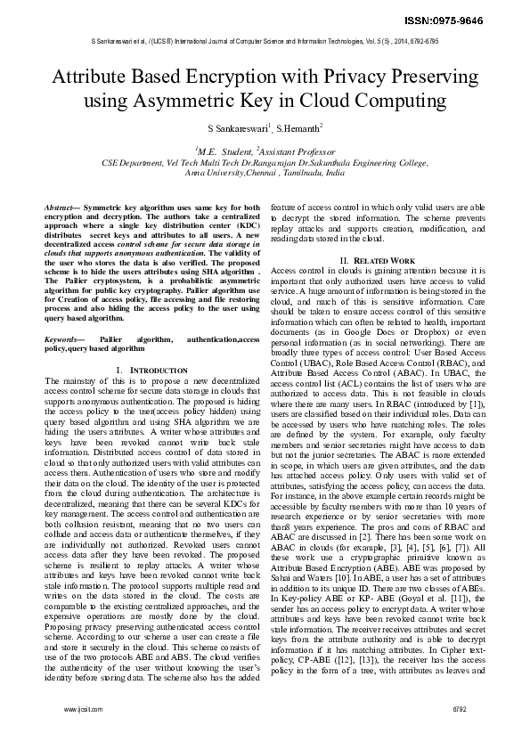 Pdf Attribute Based Encryption With Privacy Preserving Using Asymmetric Key In Cloud Computing