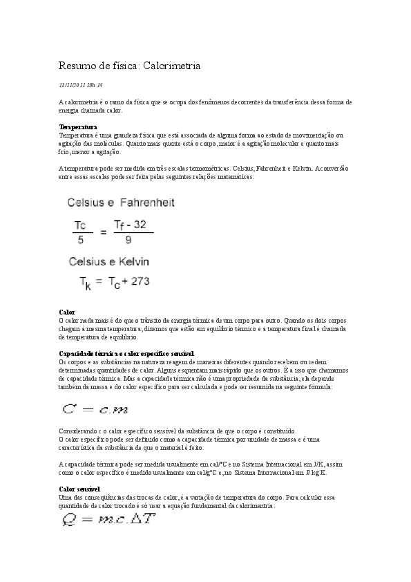 (DOC) Resumo de física: Calorimetria