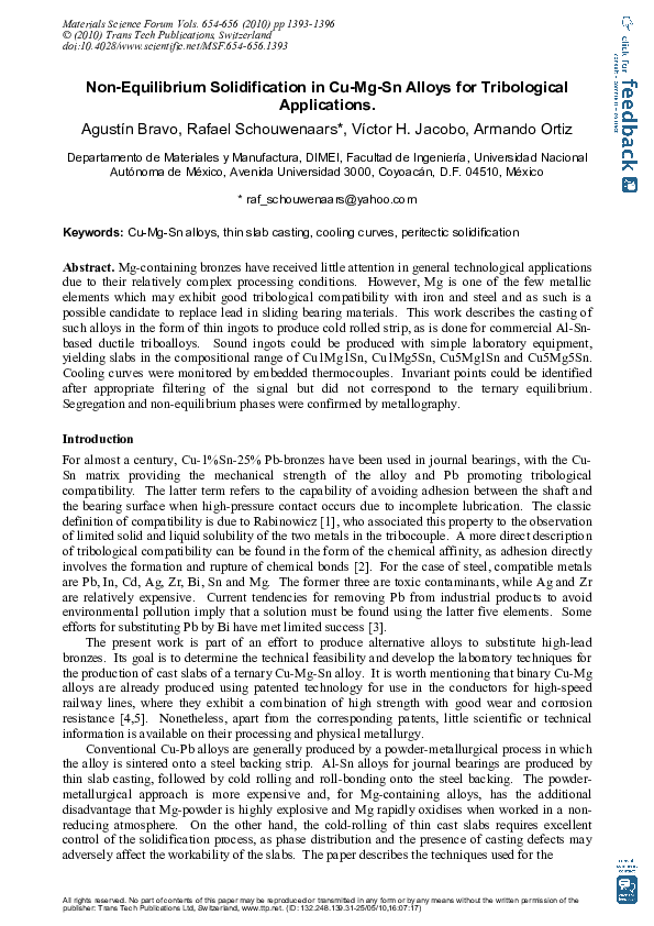 Non-Equilibrium Solidification in Cu-Mg-Sn Alloys for Tribological ...