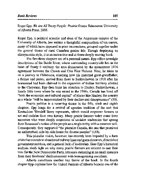 (PDF) REVIEW: We Are All Treaty People: Prairie Essays - by Roger Epp