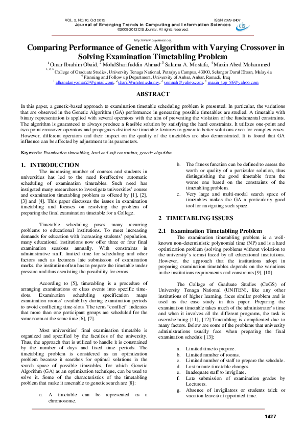 Pdf Comparing Performance Of Genetic Algorithm With Varying Crossover In Solving Examination