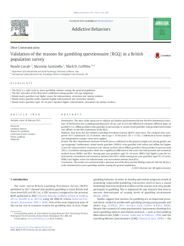 (PDF) Canale, N. Santinello, M. & Griffiths, M.D. (2015). Validation of ...