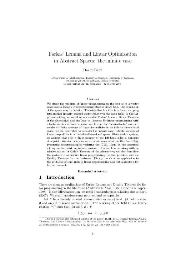 Pdf Farkas Lemma And Linear Optimization In Abstract Spaces The Infinite Case