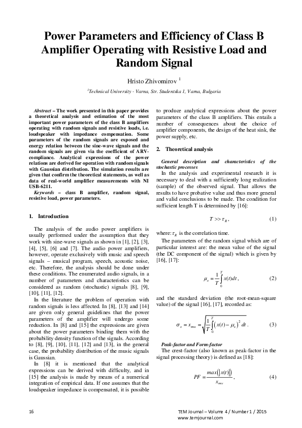 (PDF) Power Parameters and Efficiency of Class B Amplifier Operating with Resistive Load and ...