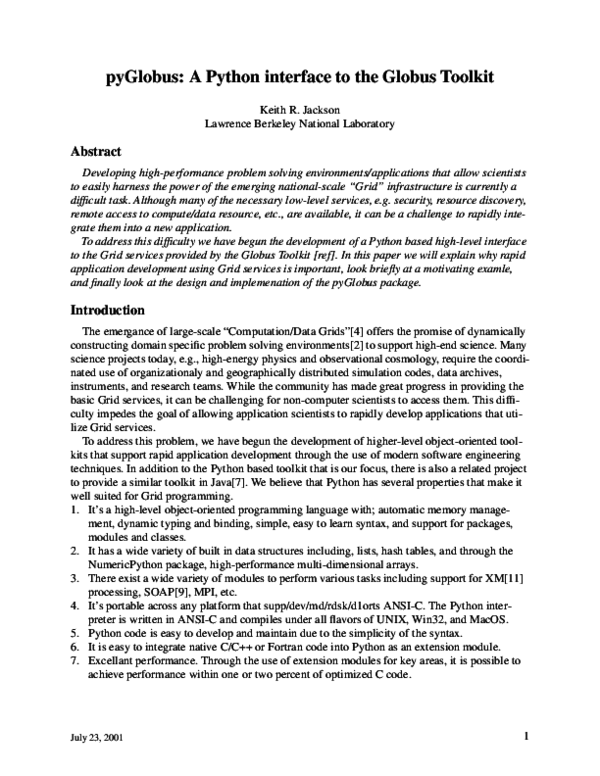 (PDF) pyGlobus: A Python interface to the Globus Toolkit