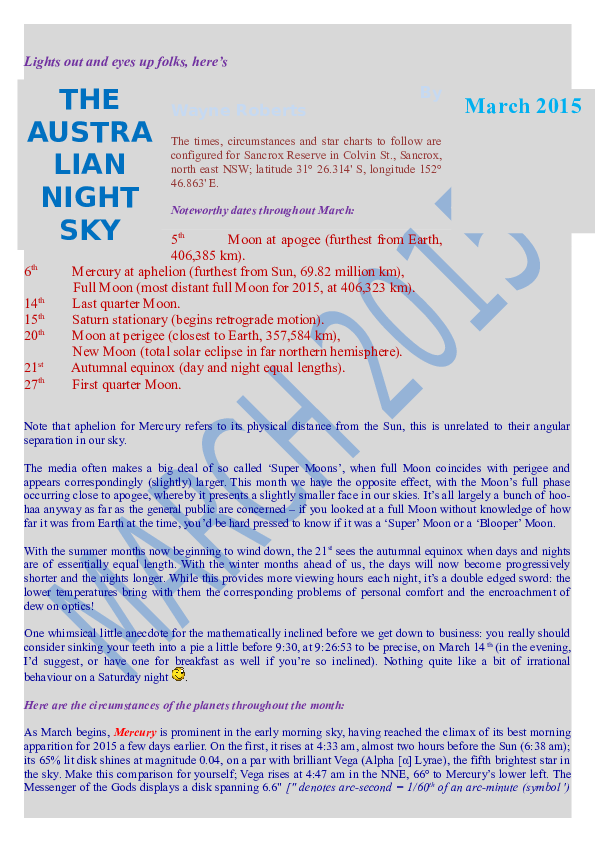 (DOC) The Australian Night Sky for March 2015.