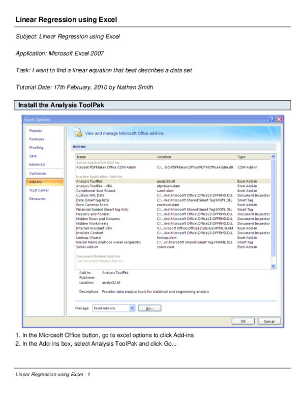 Pdf Linear Regression Using Excel Install The Analysis Toolpak