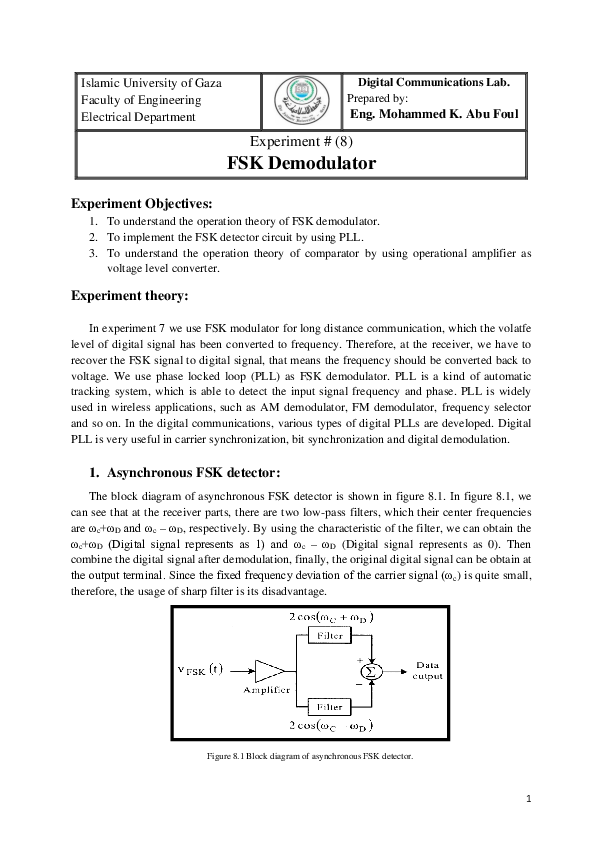 (PDF) Eng. Mohammed K. Abu Foul Experiment # (8) FSK Demodulator ...