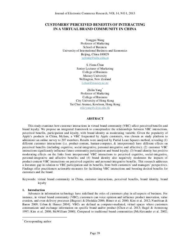 (PDF) Customers’ Perceived Benefits of Interacting in a Virtual Brand Community in China
