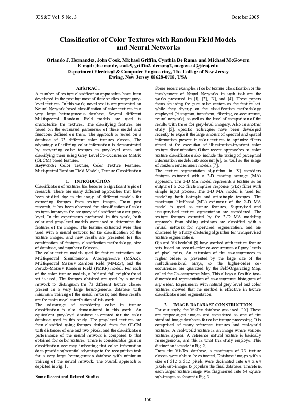 Pdf Classification Of Color Textures With Random Field Models And Neural Networks