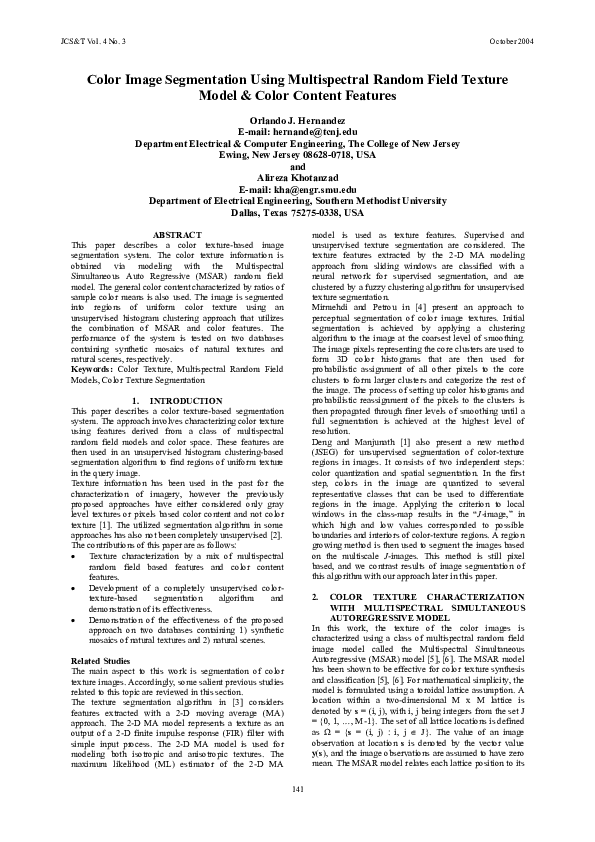 Pdf Color Image Segmentation Using Multispectral Random Field Texture Model And Color Content