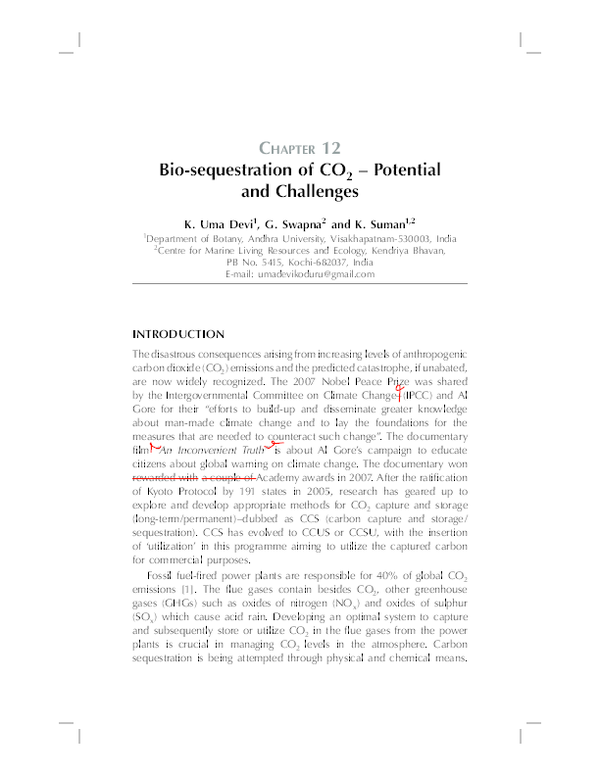 (PDF) CHAPTER 12 Bio-sequestration of CO 2 – Potential and Challenges