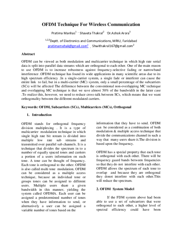 Pdf Ofdm Technique For Wireless Communication