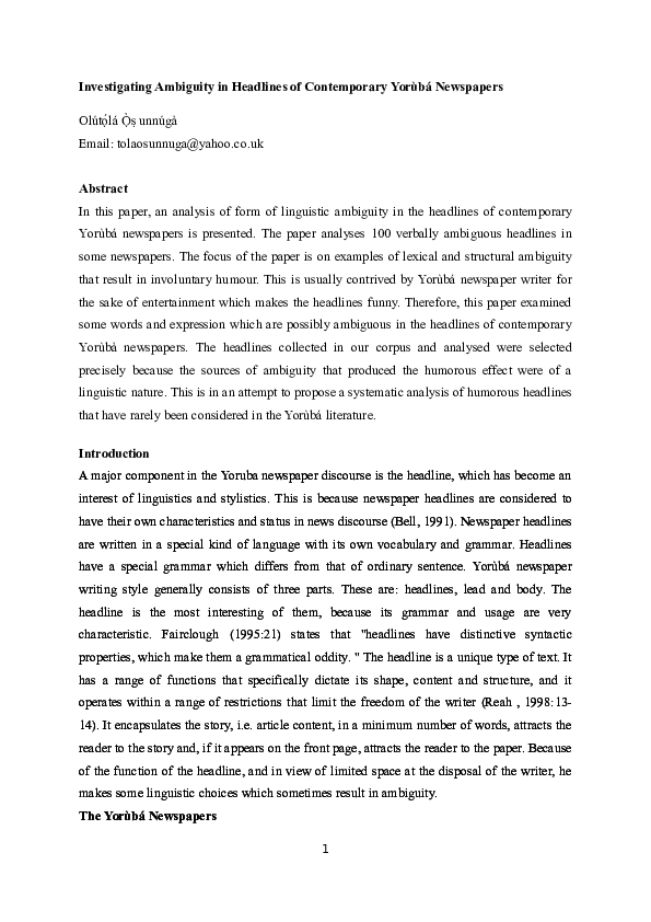 (DOC) Investigating Ambiguity in Headlines of Contemporary Yorùbá ...