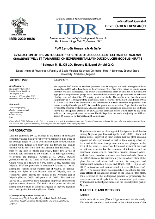 (PDF) EVALUATION OF THE ANTI-ULCER PROPERTIES OF AQUEOUS LEAF EXTRACT ...