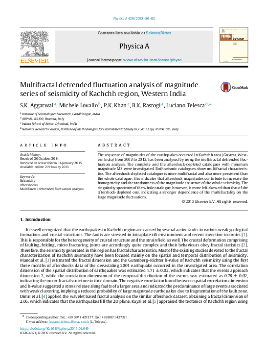 Pdf Multifractal Detrended Fluctuation Analysis Of Magnitude Series Of Seismicity Of Kachchh
