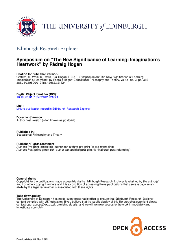 (PDF) Symposium on “The New Significance of Learning: Imagination’s ...