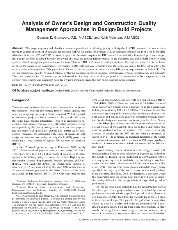 (PDF) Analysis of Owner’s Design and Construction Quality Management ...