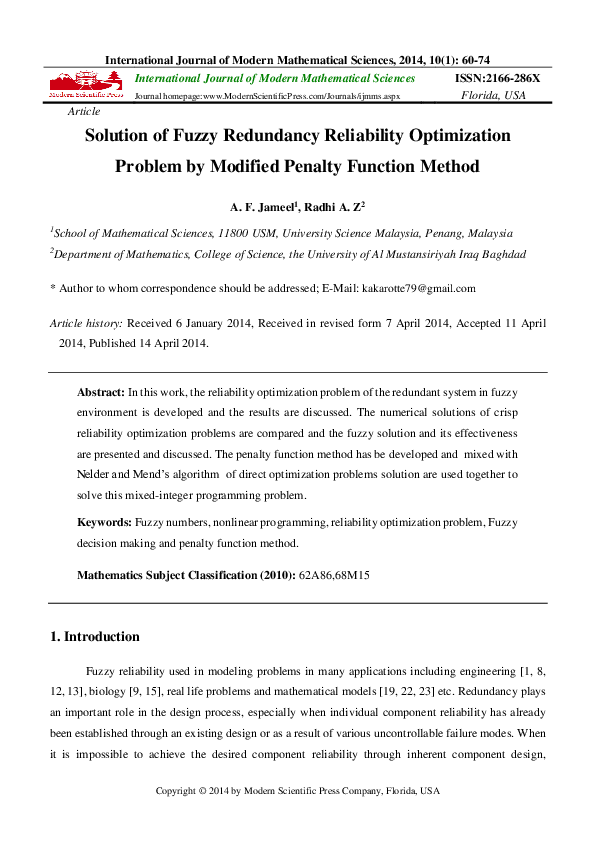 Pdf Solution Of Fuzzy Redundancy Relieblity Optimization Problem By
