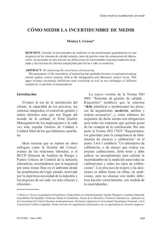(PDF) COMO MEDIR LA INCERTIDUMBRE DE MEDIR- MONICA I GRASSO