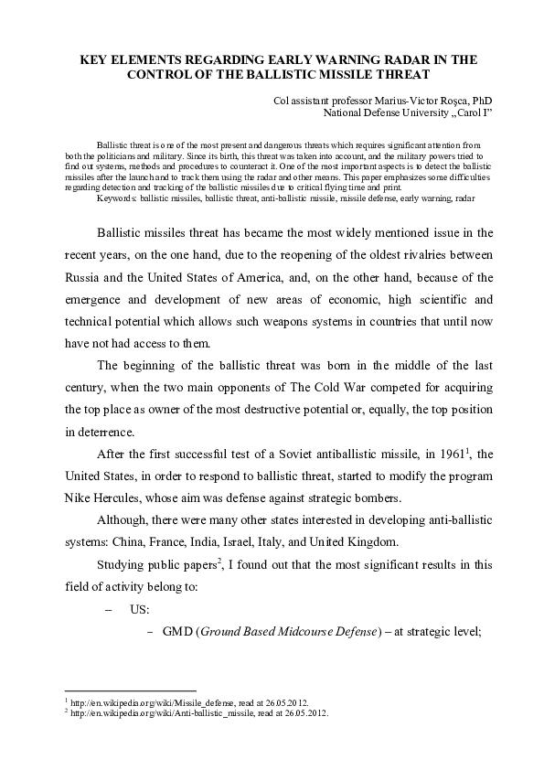 Pdf Key Elements Regarding Early Warning Radar In The Control Of The Ballistic Missile Threat