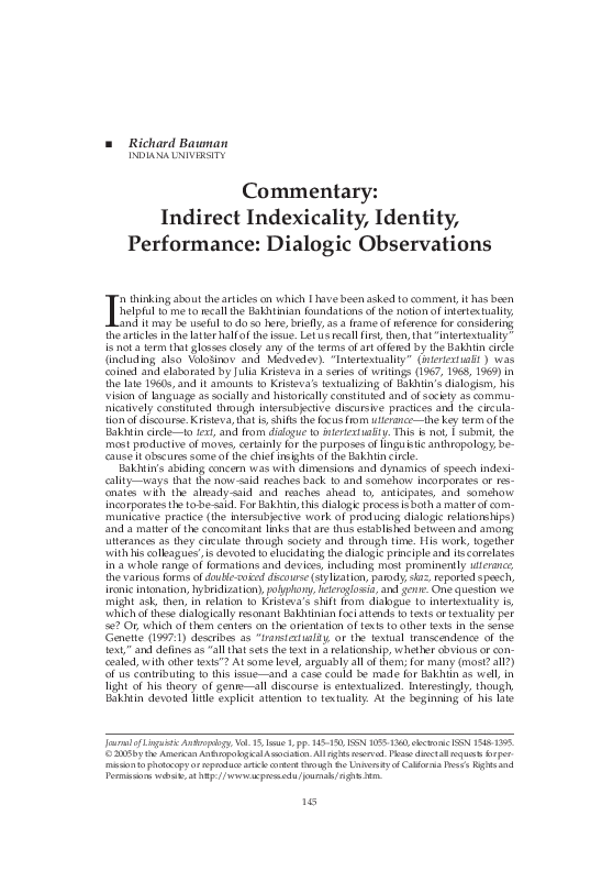 (PDF) Indirect Indexicality, Identity, Performance: Dialogic Observations