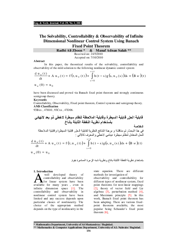 (PDF) The Solvability, Controllability & Observability of Infinite Dimensional Nonlinear Control ...