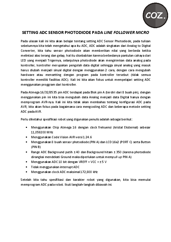 (PDF) SETTING ADC SENSOR PHOTODIODE PADA LINE FOLLOWER MICRO